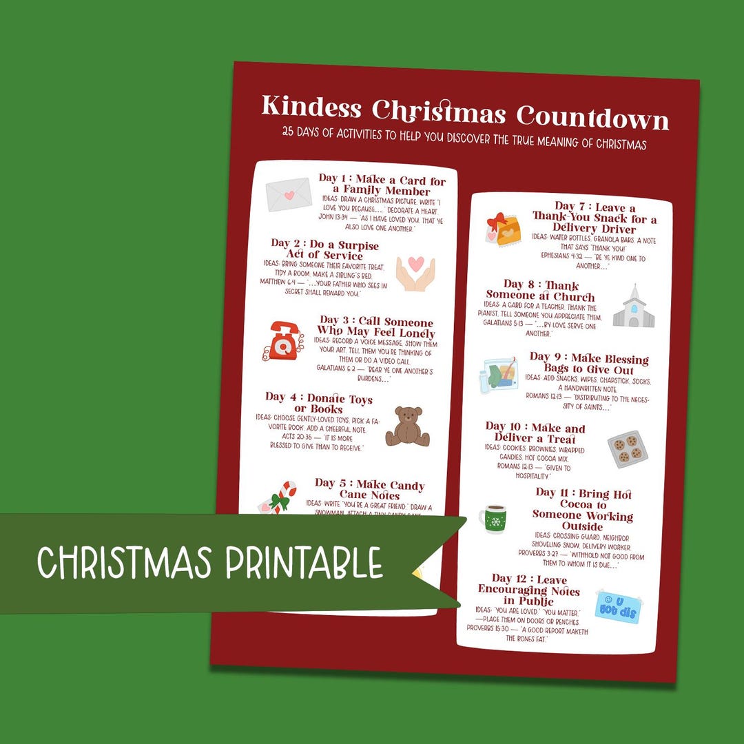 Kindness Christmas Countdown • Printable Advent Calendar for Kids (PDF ...