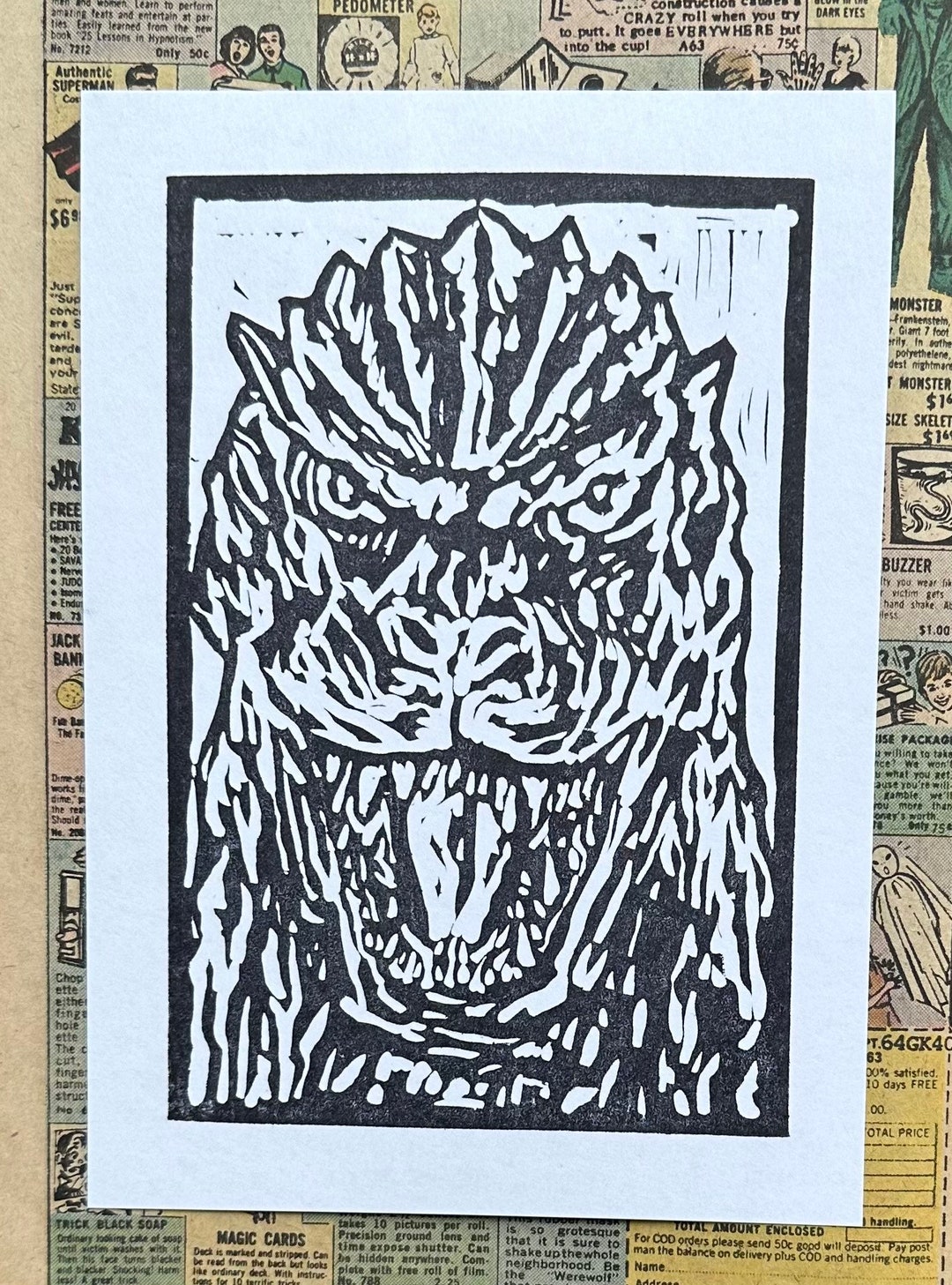Godzilla- Linoleum Block Print, Horror Movie Art, Horror Home Decor ...