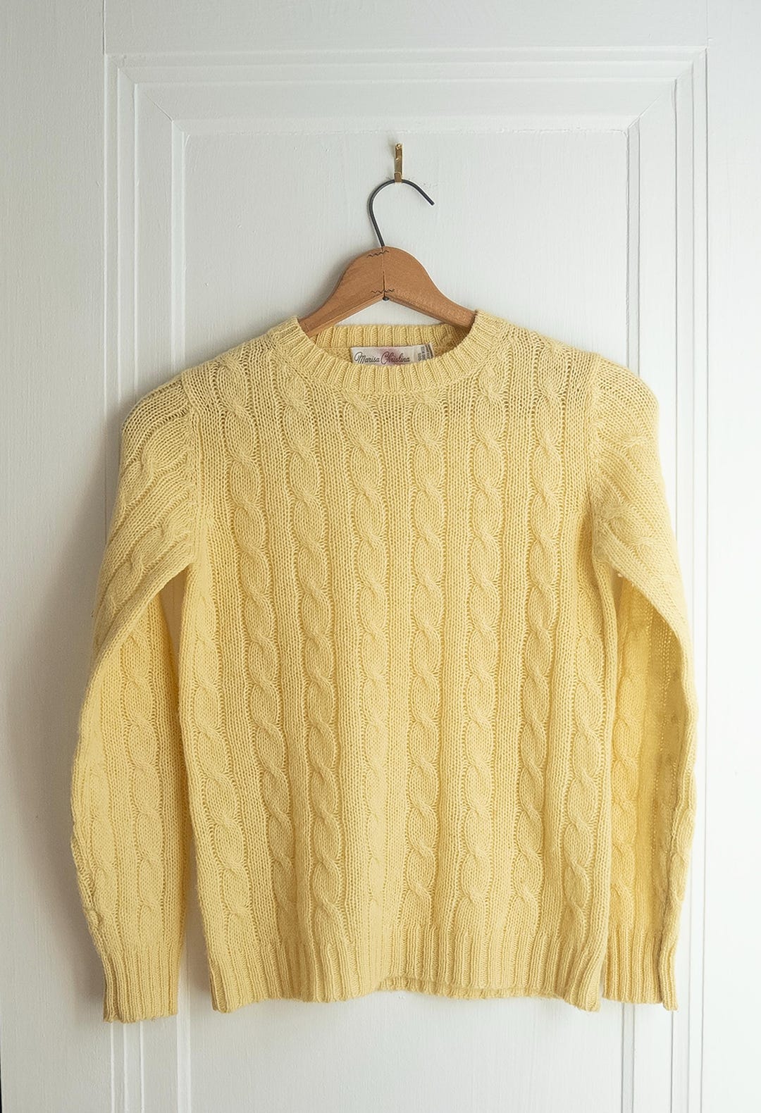 Beautiful Vintage Yellow Wool Cable Knit Thin 80's Preppy Sweater Small ...