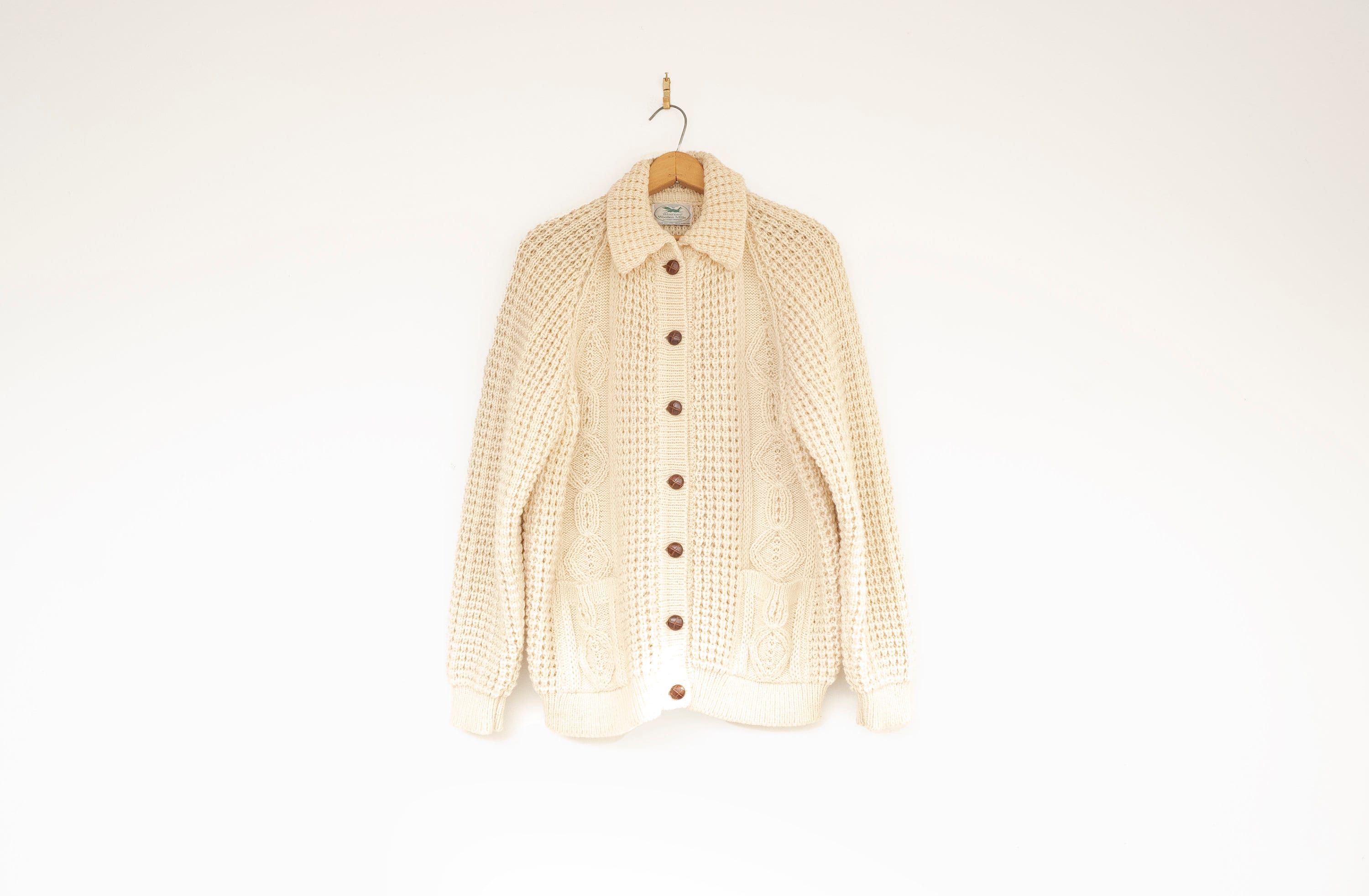 Vintage L Fisherman Style Cable Knit Wool Cardigan Button up Irish Knit ...