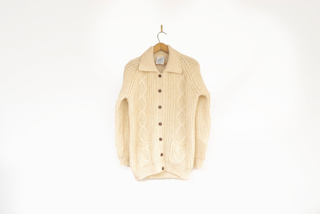 Vintage L Fisherman Style Cable Knit Wool Cardigan Button up Irish Knit Flannery Made in Ireland ...