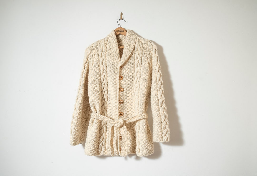 Vintage Fisherman Style Cable Wool Cardigan Belted Irish Knit Flannery Made in Ireland Hand Knit ...