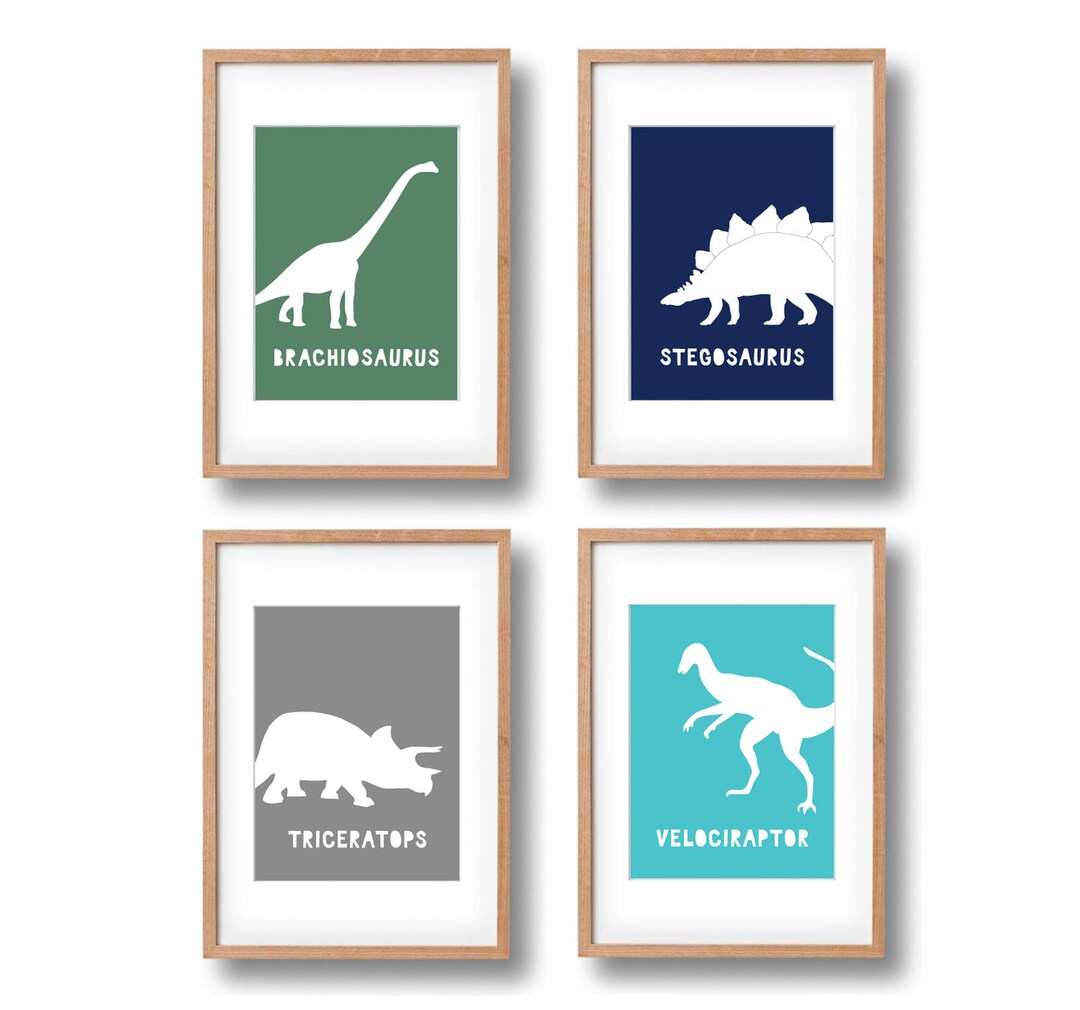 Dinosaur Wall Art Print Set of 4 Printable Green, Grey, Blue Nursery ...