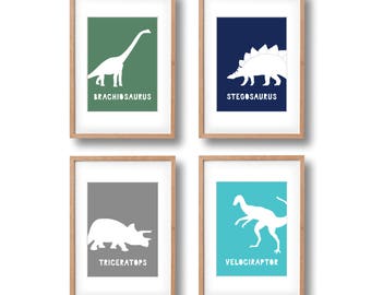 Dinosaur Wall Art Print | Printable Set of 3 | Green, Blue | Nursery ...