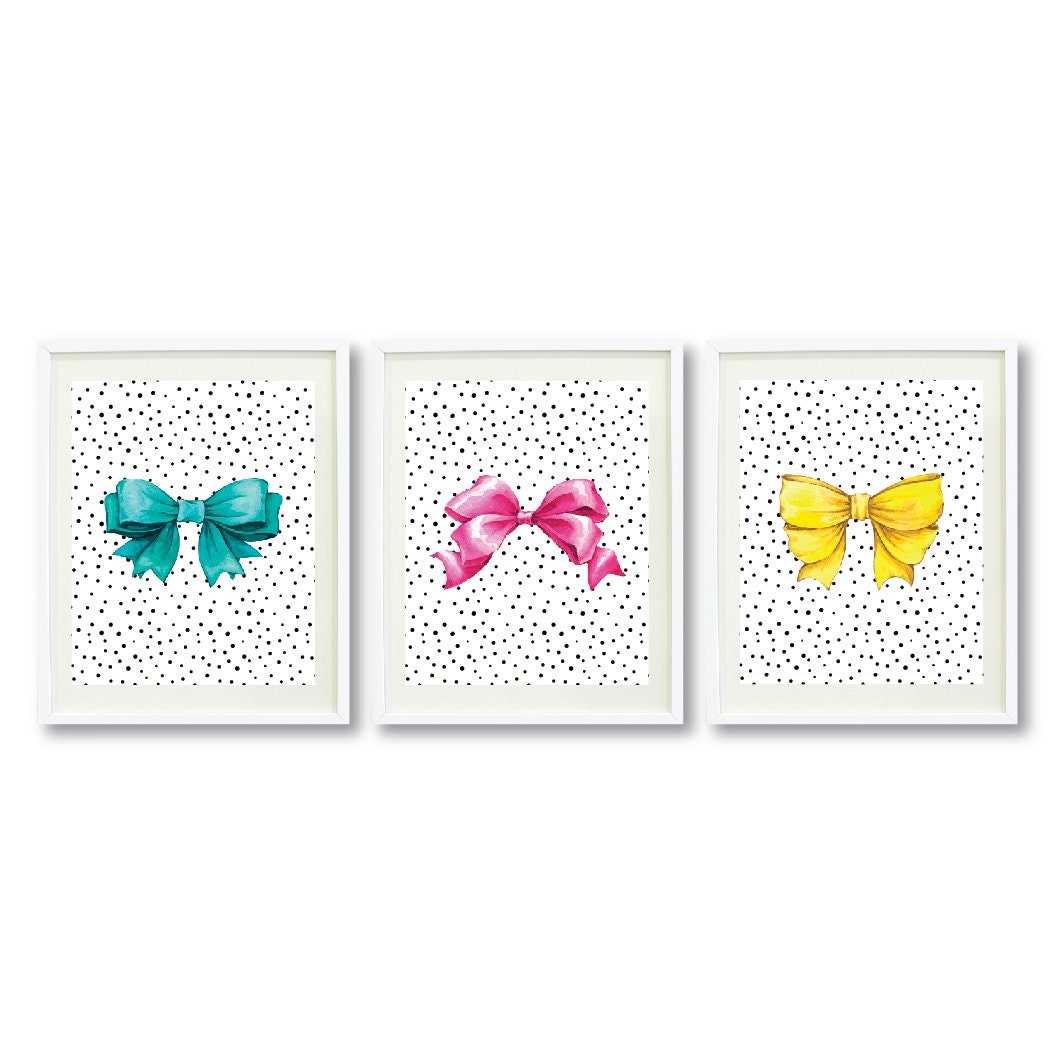 Nursery Wall Art | Bow Printable Print Set of 3 | Pink, Teal, Yellow ...