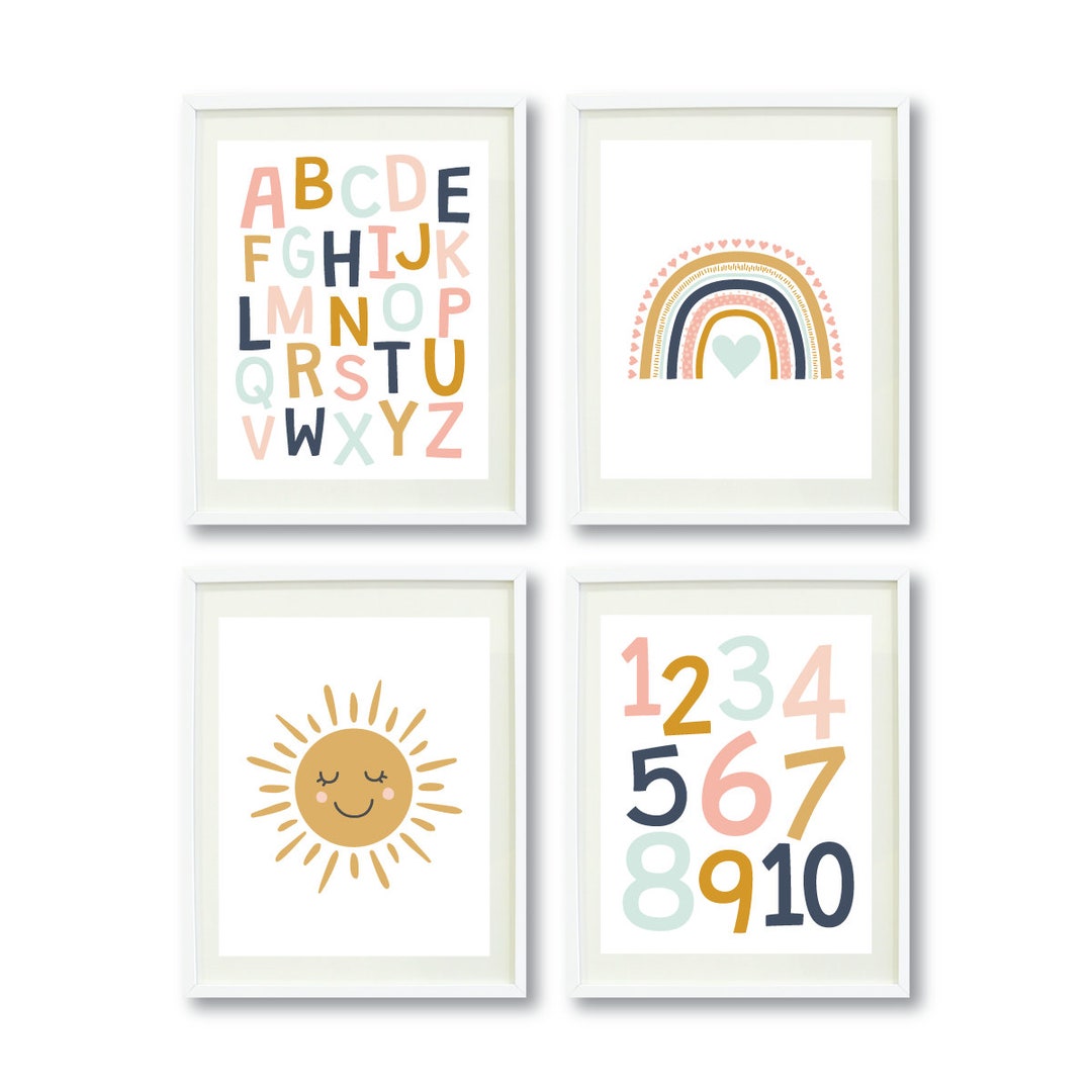 Rainbow, Alphabet, Numbers, Sun PRINTABLE Nursery Wall Art Set of 4 ...