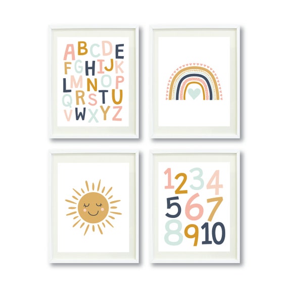 Rainbow Alphabet Numbers Sun PRINTABLE Nursery Wall Art Set | Etsy