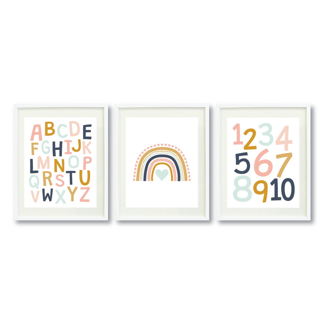 Rainbow, Alphabet, Numbers PRINTABLE Nursery Wall Art Set of 3 | Muted ...