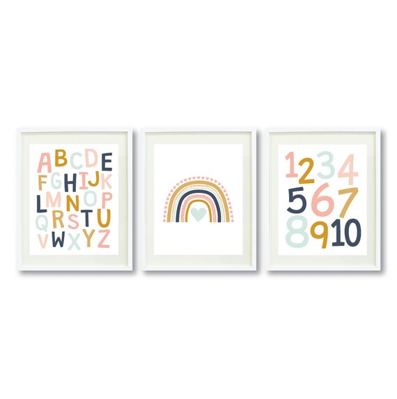 Rainbow Alphabet Numbers PRINTABLE Nursery Wall Art Set of 3 | Etsy