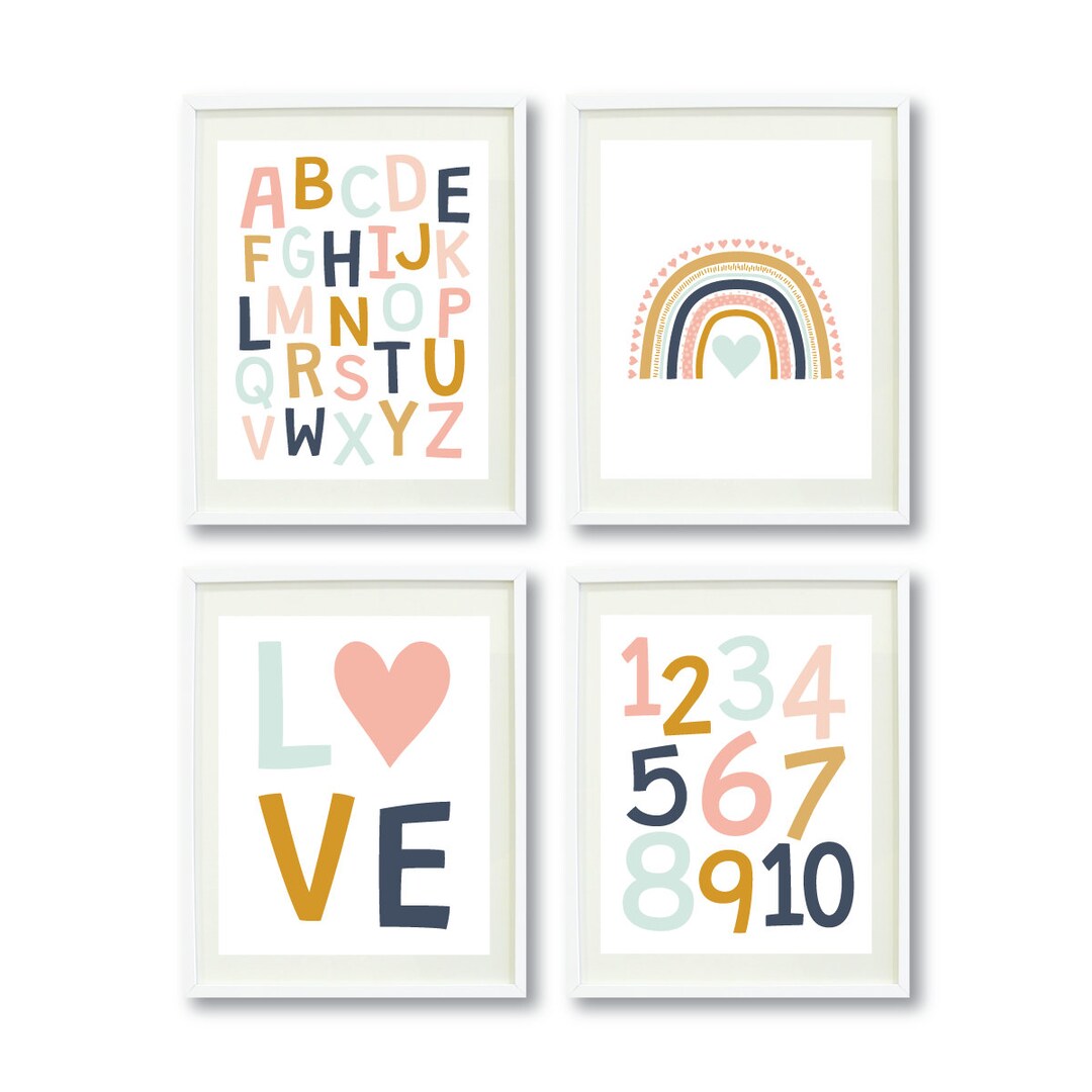 Rainbow, Alphabet, Numbers, Love PRINTABLE Nursery Wall Art Set of 4 ...