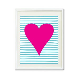 Striped Heart Print | Aqua, Hot Pink | Heart Printable | Heart Wall Art ...