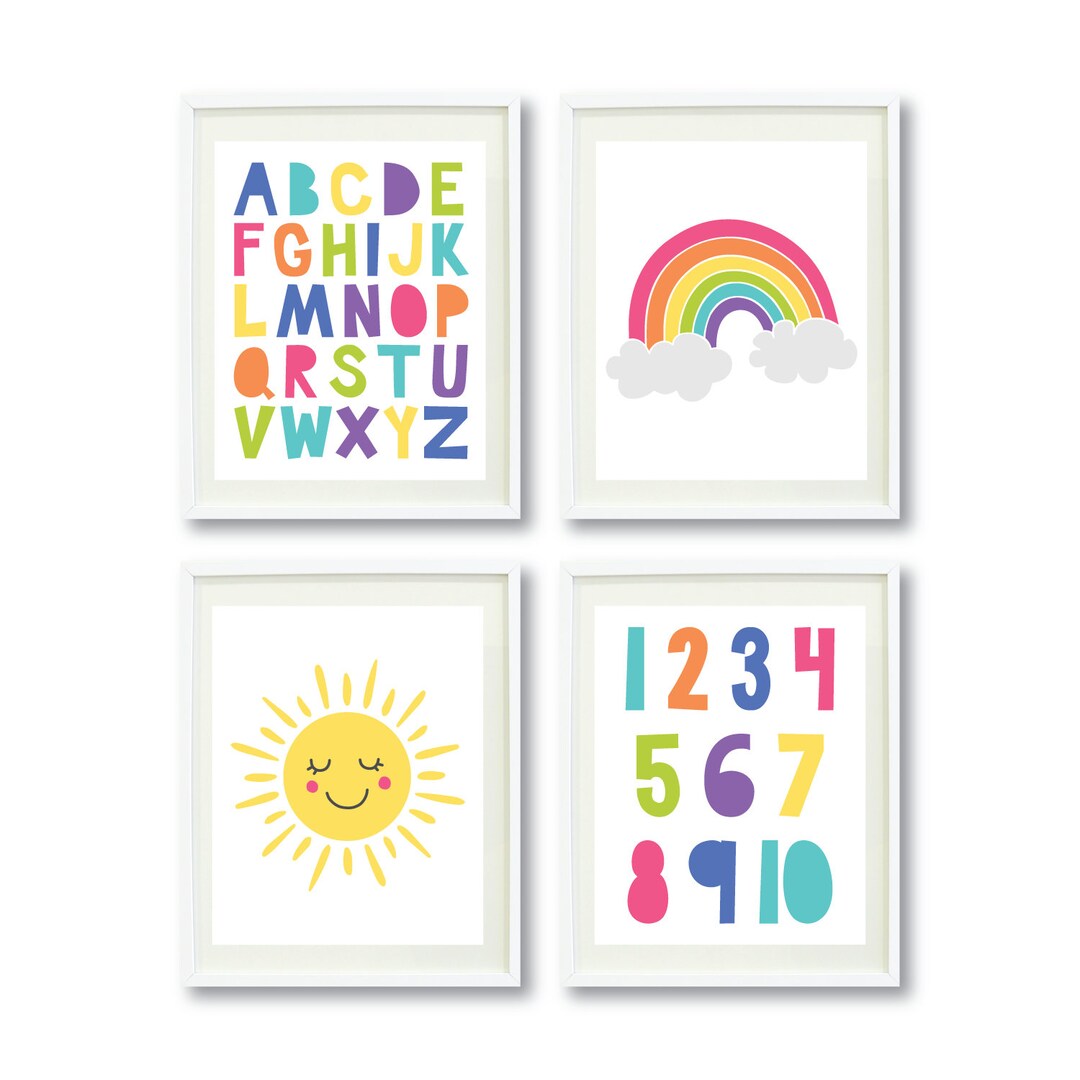 PRINTABLE Nursery Wall Art Set of 4 | Alphabet, Numbers | Cute Sun ...