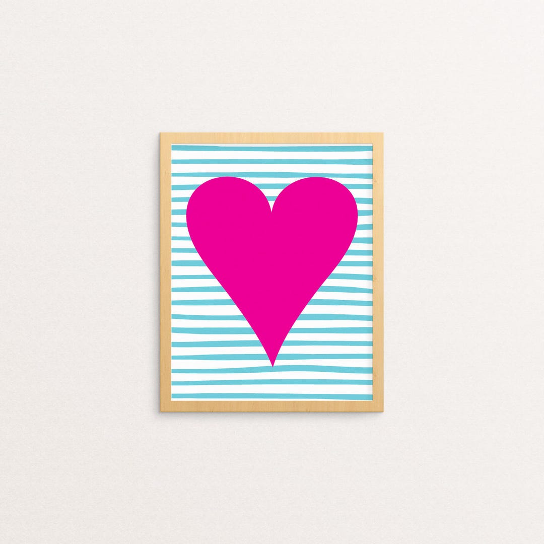 Striped Heart Print | Aqua, Hot Pink | Heart Printable | Heart Wall Art ...
