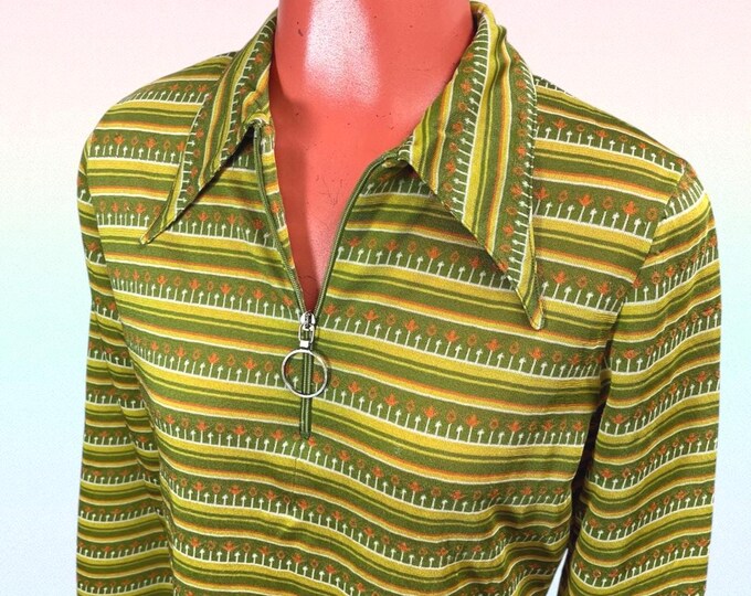 Vintage 70's Green Stripe Disco Dagger Collar Long Sleeve Knit Top 3/4 ...