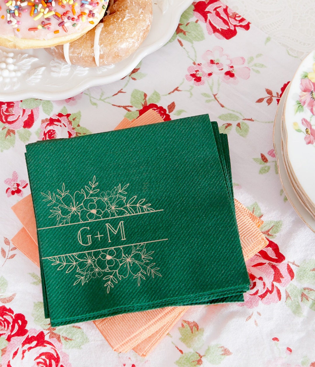 Custom Cocktail Napkins Wedding, Floral Initials, Linen Like Feel ...