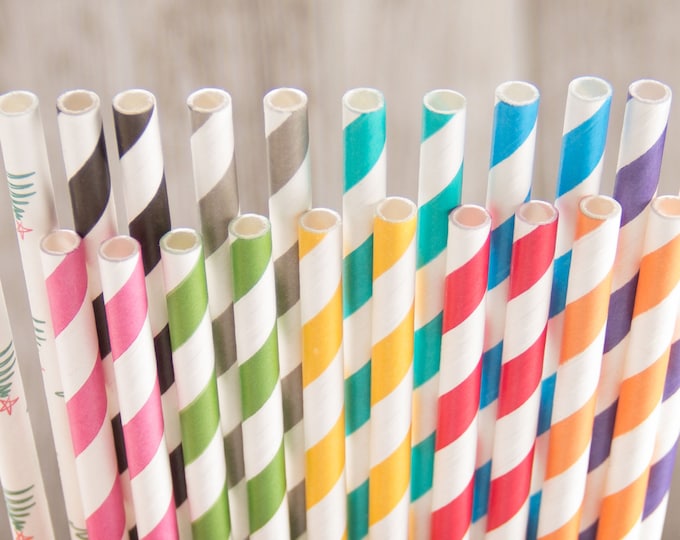 100 YOUR COLOR CHOICE Retro Vintage Striped Polka Dot Star Paper Straws ...