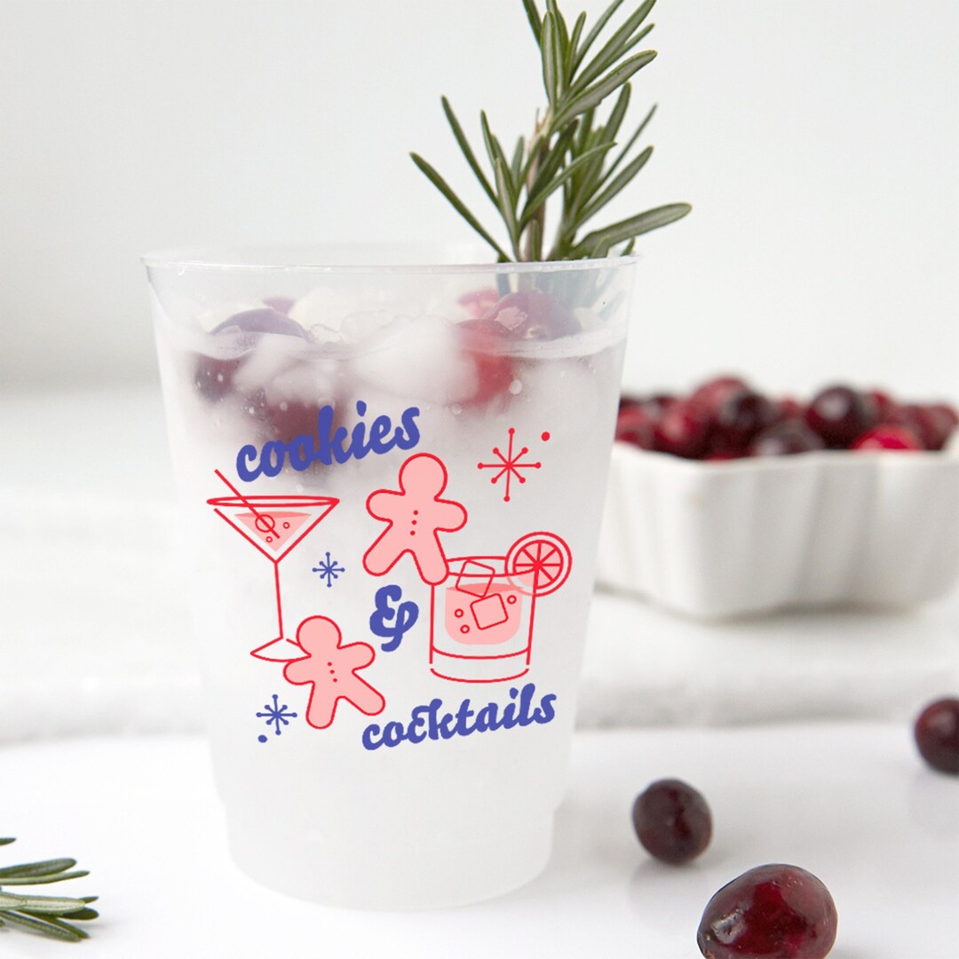 Cookies and Cocktails Holiday Party Cups Set of 12 Frosted Plastic Cups ...
