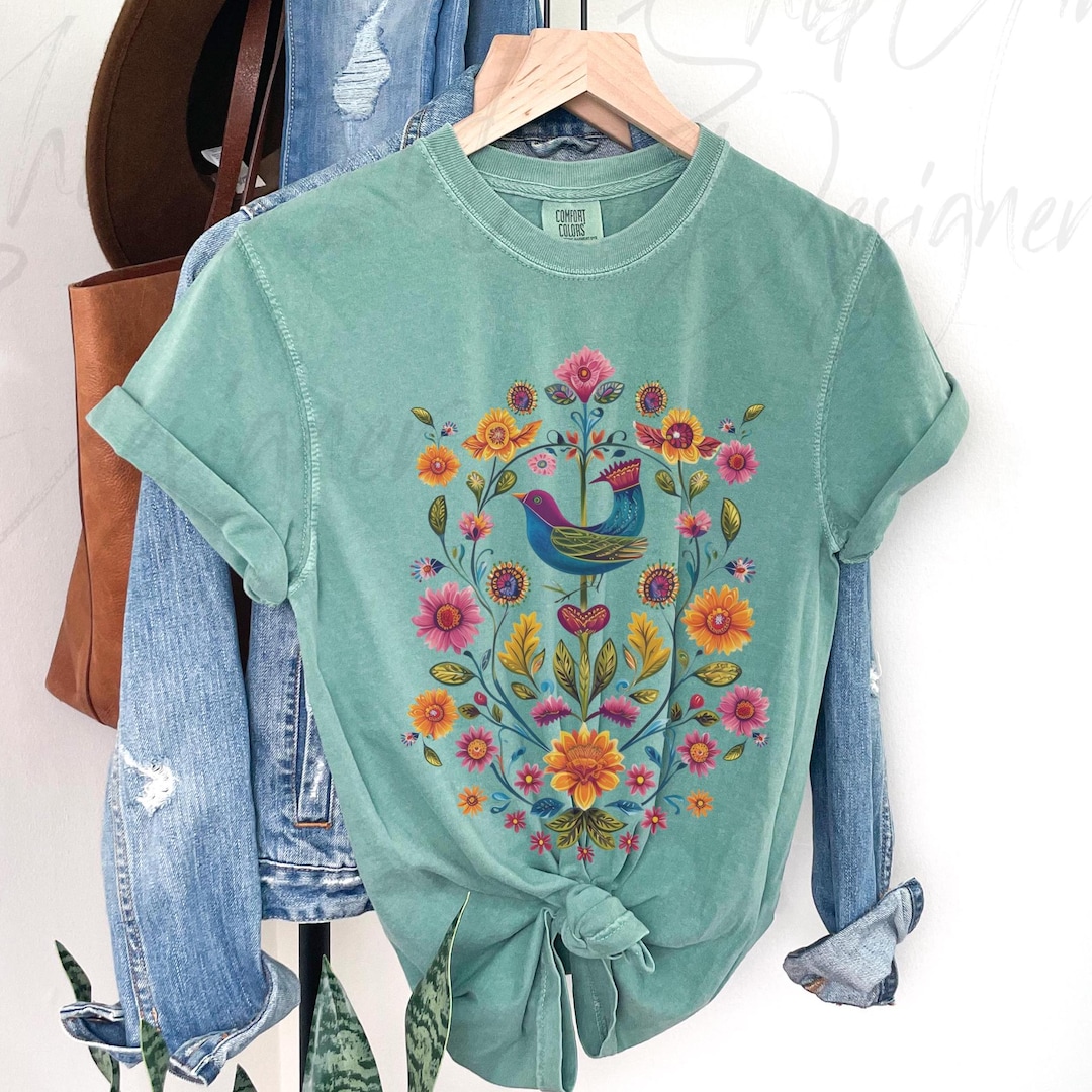 Folk Art Shirt, Bird Cottagecore Shirt, Folk Art Boho Shirt, Comfort ...