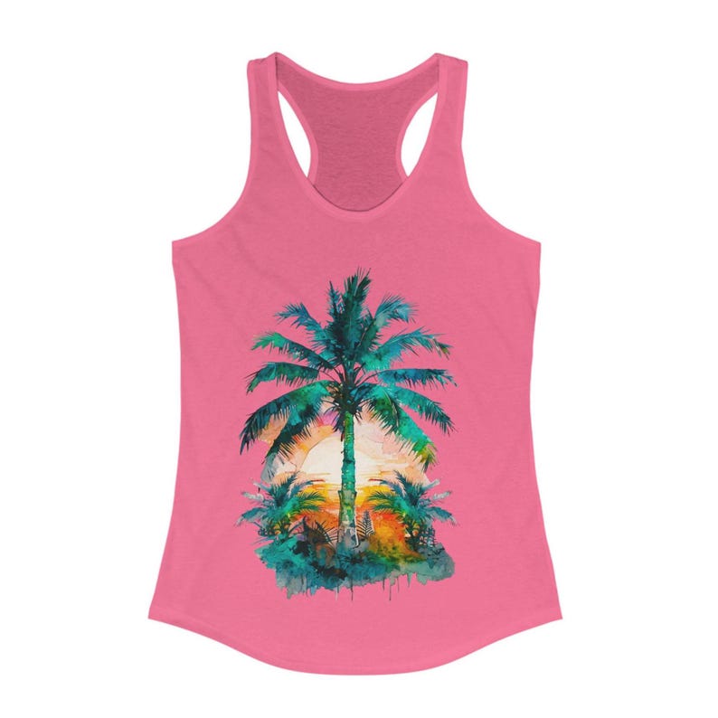 Palm Tree Tank Top, Watercolor Art Tropical Palm Tree Sunset Shirt ...