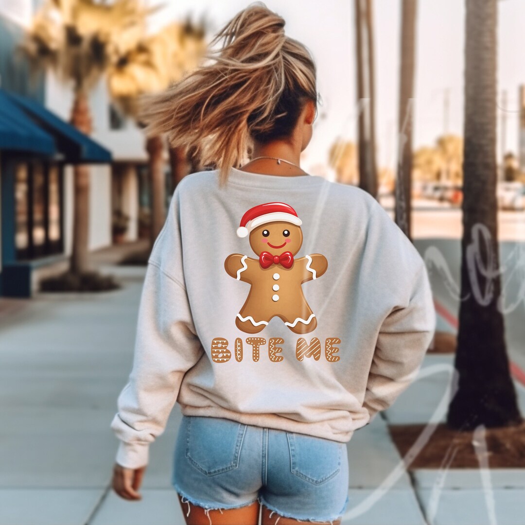 Bite Me Gingerbread Man Shirt, Funny Christmas Crewneck, White Elephant ...