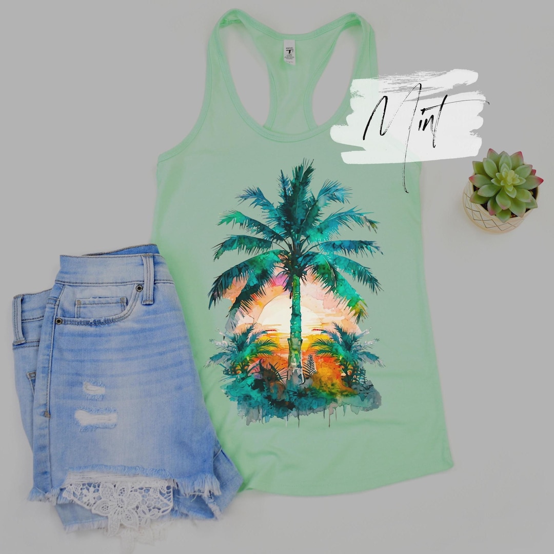 Palm Tree Tank Top, Watercolor Art Tropical Palm Tree Sunset Shirt ...