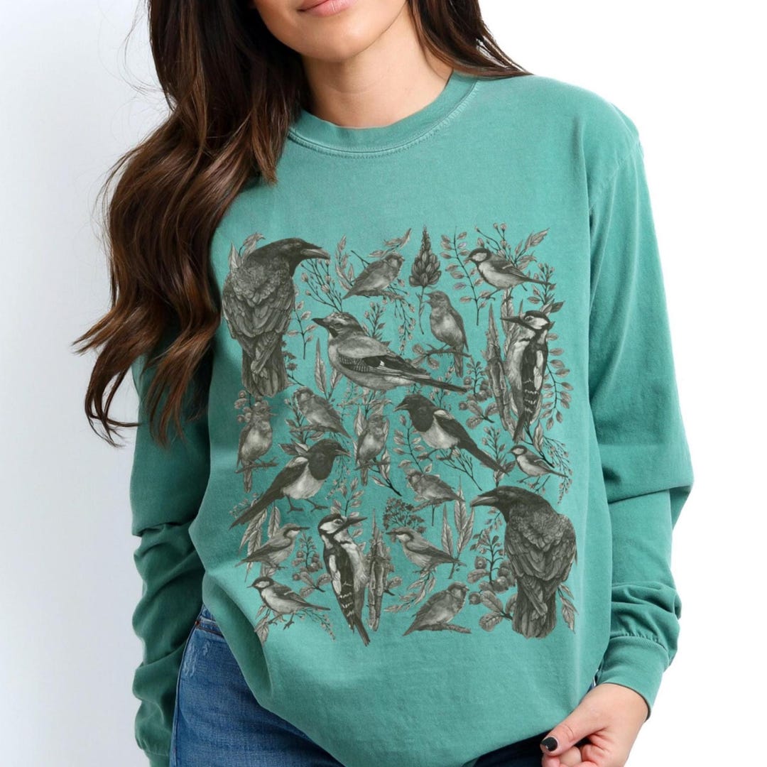 Bird Long Sleeve Comfort Colors Tshirt, Boho Bird Shirt, Monochrome ...