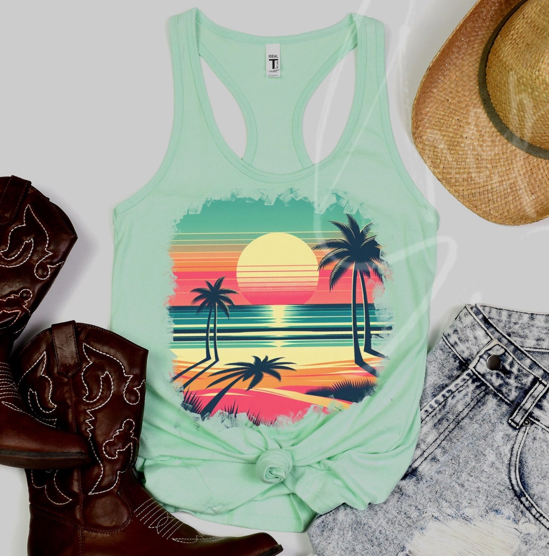 Retro Sunset Beach Art Tank, Retro Palm Trees Top, Sunset Beach Tank ...