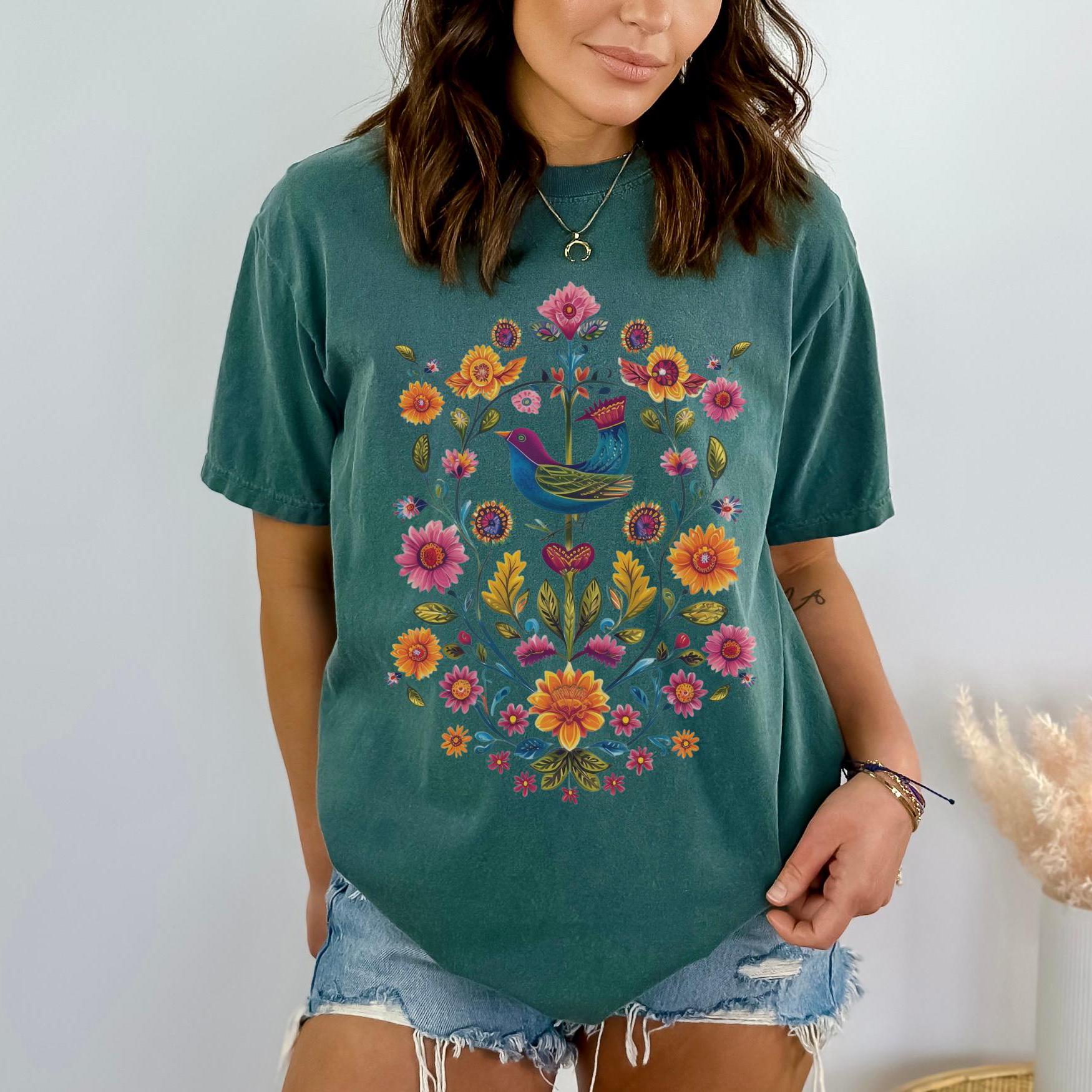 Folk Art Shirt, Bird Cottagecore Shirt, Folk Art Boho Shirt, Comfort ...
