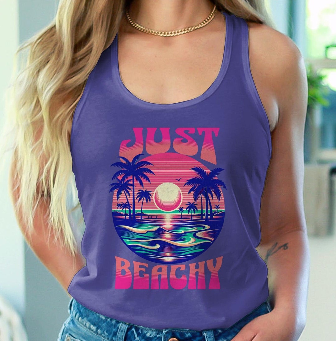 Retro Sunset Beach Tank Top, Palm Trees Tank, Summer Beach Tank, Pink ...