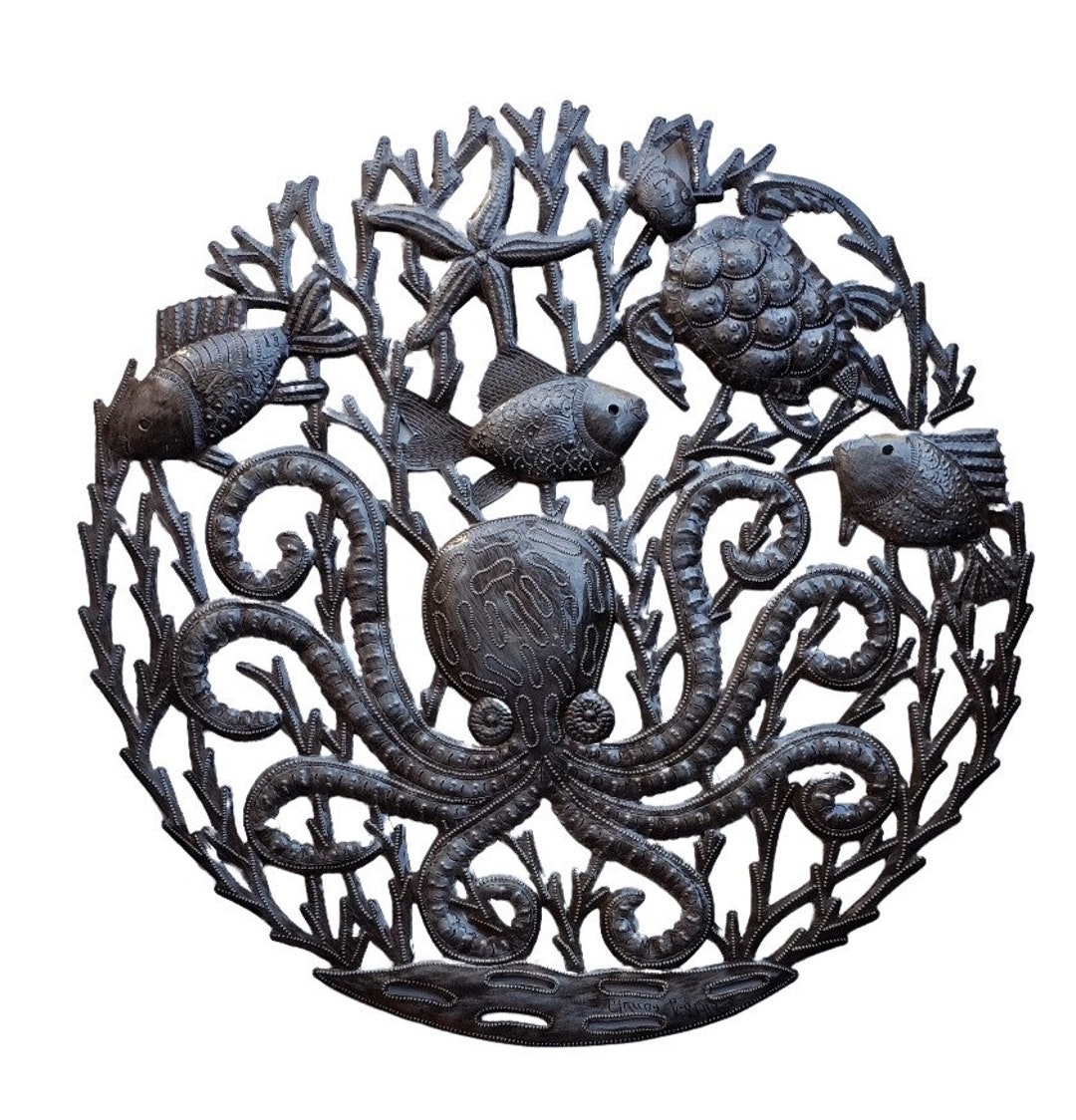 Large Metal Octopus, 23 Inch Round, Decorative Sea Life Theme Wall ...