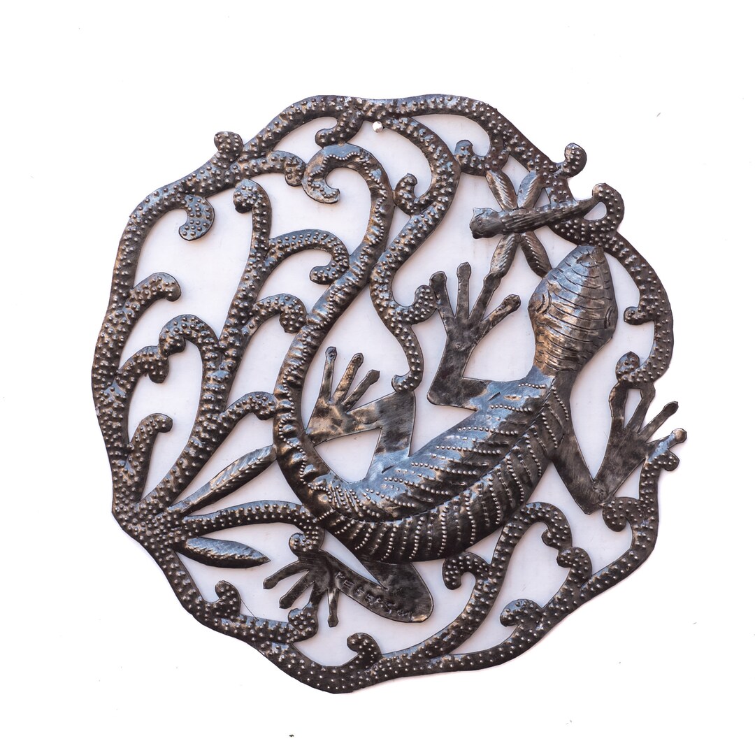 Handcrafted Haitian Folk Art Garden Gecko With Dragonfly - Etsy