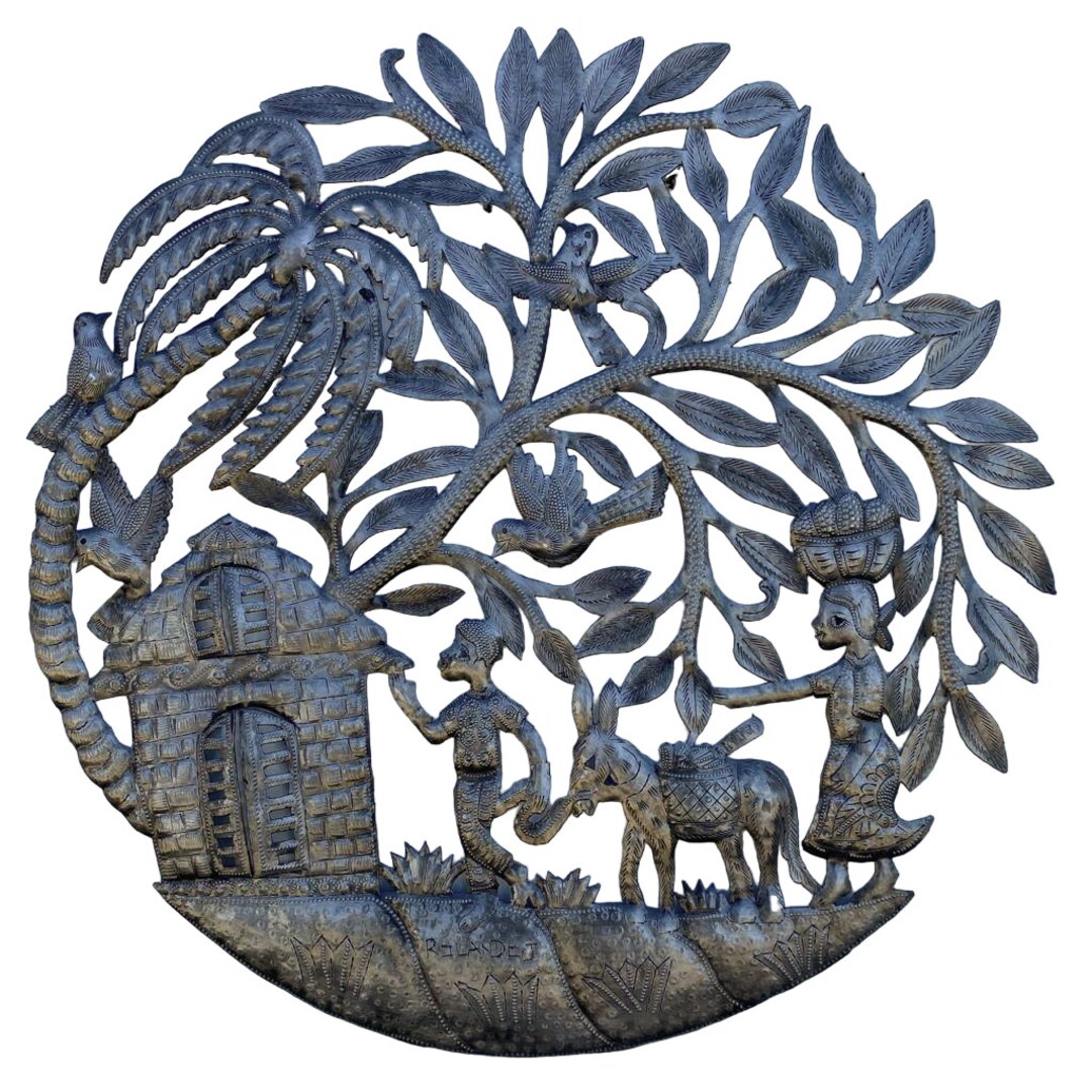 Handcrafted Haitian Folk Art, Mom & Son Heading Home With Donkey, Farm ...