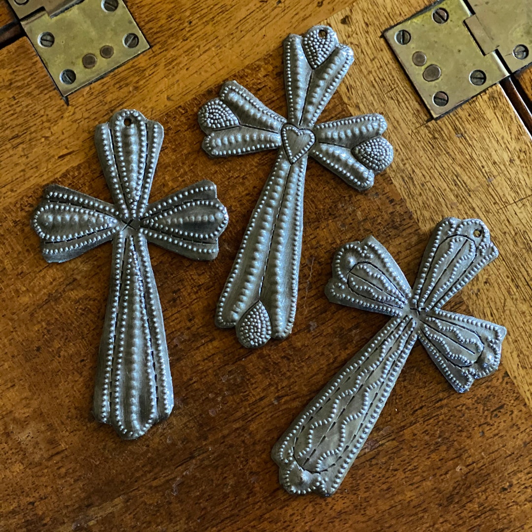 Small Decorative Crosses, Set of 3, Embossed With a Heart and Dots ...