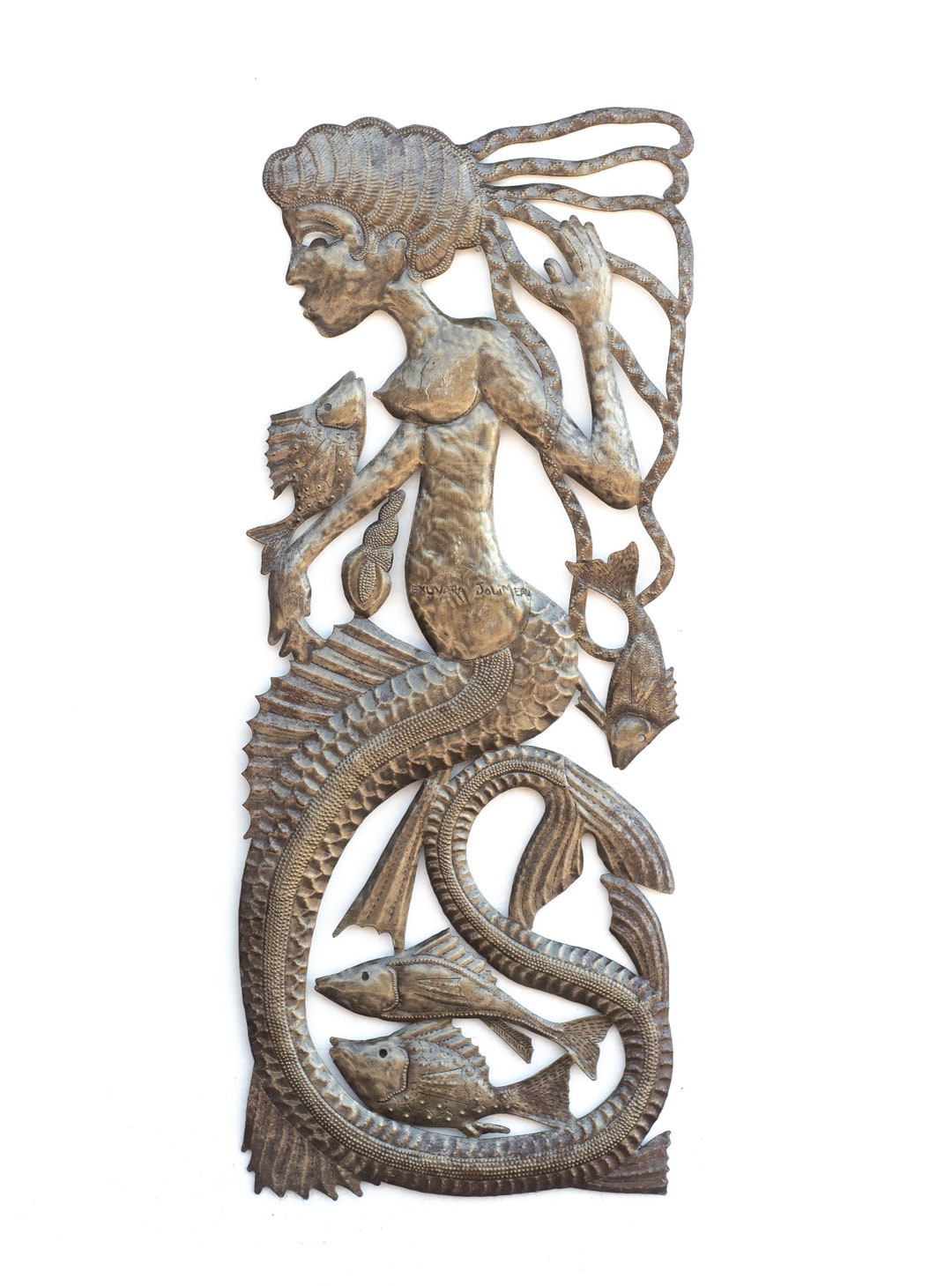 Handmade Haitian Decor, Mermaid With the Fish, Upcycled Metal Folk Art ...