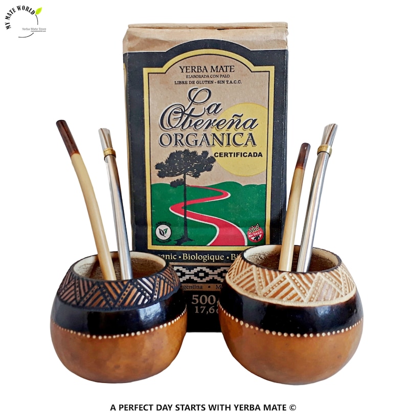 2 Mate Gourds Hand Carved, 4 Bombillas + Organic Certified Yerba Mate ...