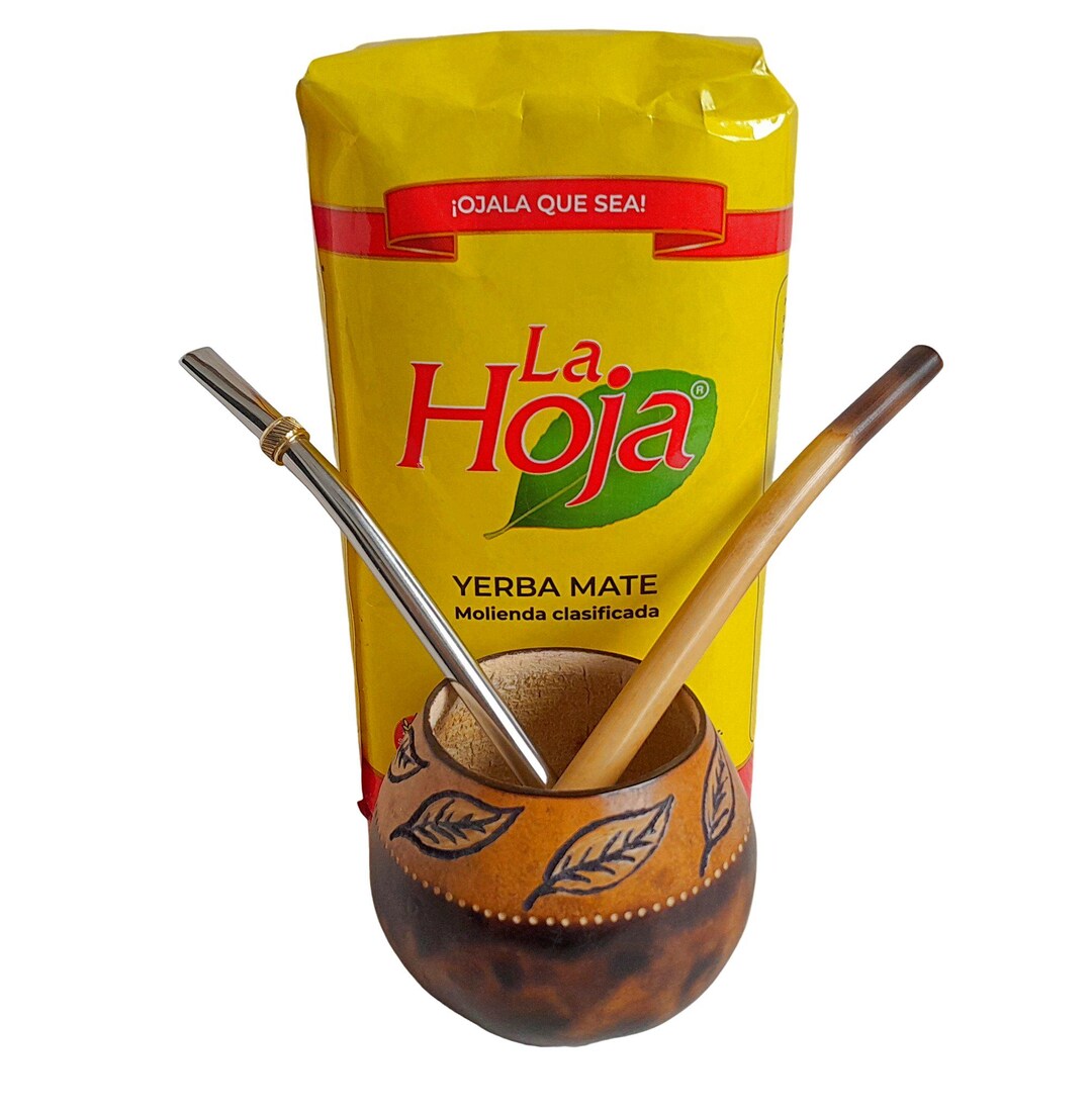 Yerba Mate "la Hoja" + Hand Carved "leaves" Mate Gourd + 2 Bombillas ...