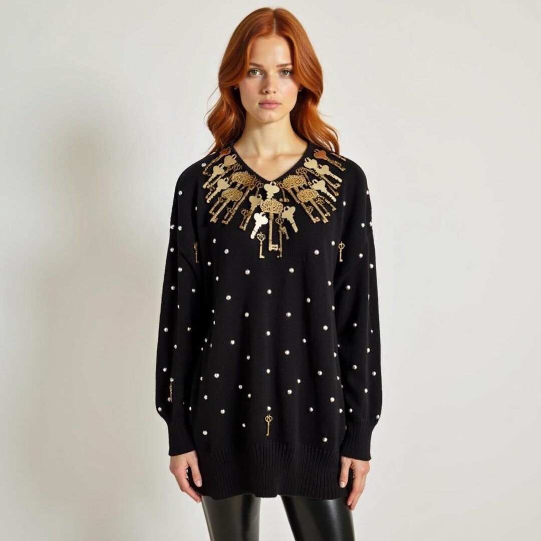 Vintage 80s Key and Round Stud Sweater Pullover Black Silver Studs Gold ...