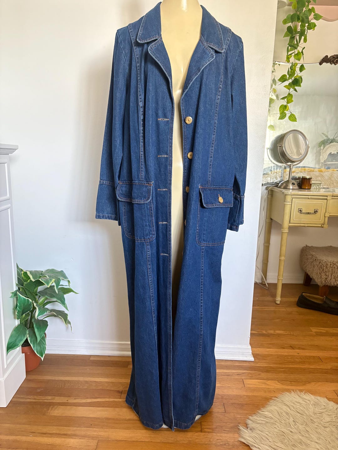 Vintage 90s Jean Duster Maxi Floor Length Button up Collared Large ...