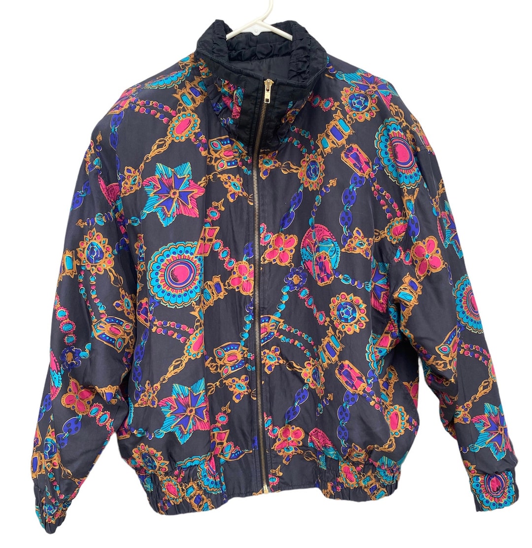 Vintage 90’s Baroque Bomber Jacker Mens Xl Windbreaker Black Pink Blue ...