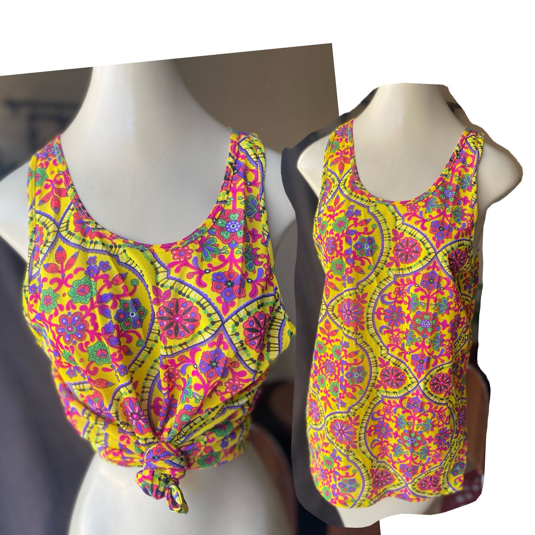 Vintage 70s Perma Press Floral Tank Sheer Factor Abstract Flower Print ...