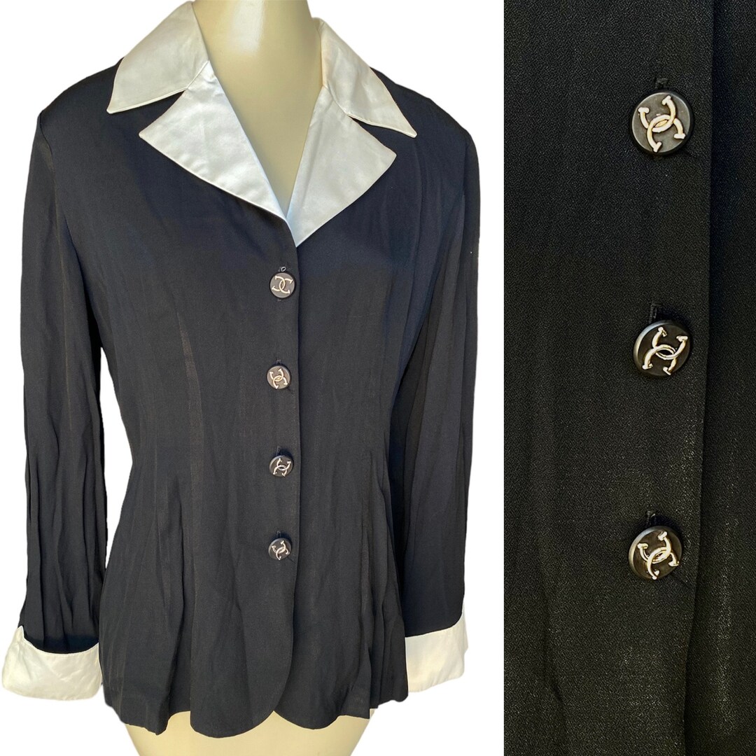 Vintage Black and White CC Button up With Oversized Lapels Wrist Trim ...
