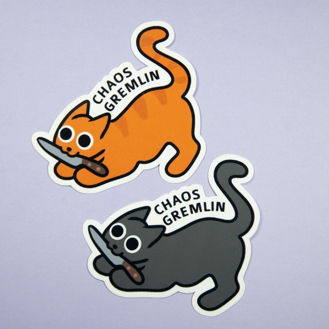 Chaos Gremlin Cat Vinyl Sticker: Funny Cat With Knife, Waterproof ...