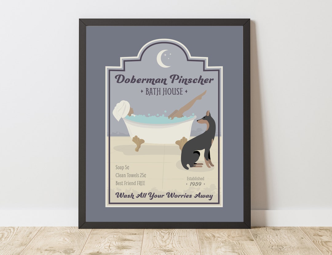 Doberman Pinscher With Bathtub Printable Art, Digital Download of Dog ...