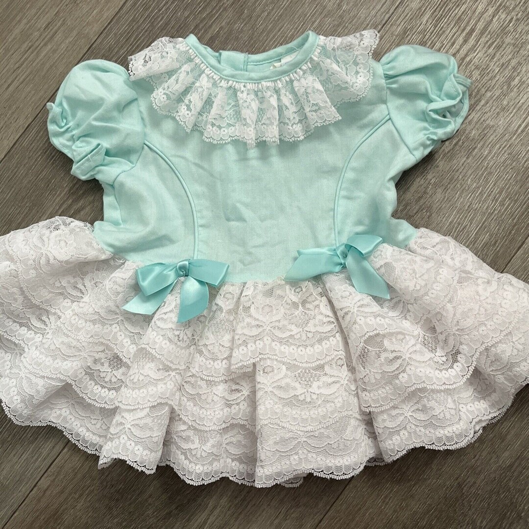Vintage Baby Dress Frilly Party Ruffled Lace Blue White 12 Months Short ...
