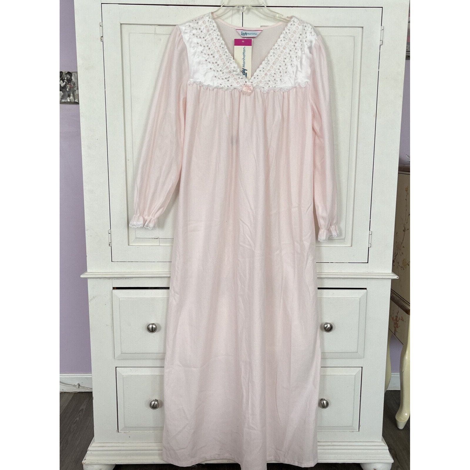 Vintage Lady Manhattan New Nightgown Size Medium Pink White Trim Fleece ...