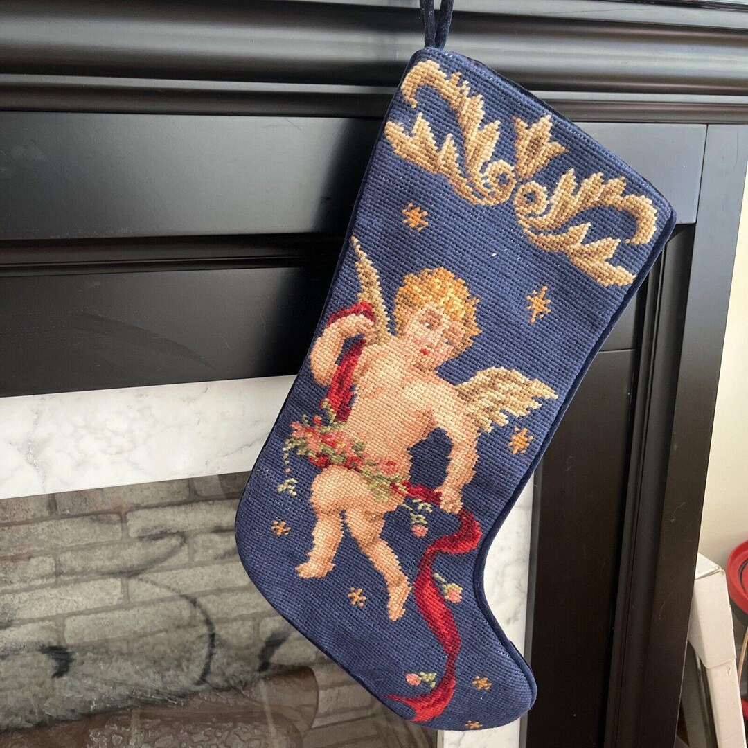 Vintage Needlepoint Angel Cherub Christmas Stocking Velvet Back Blue - Etsy