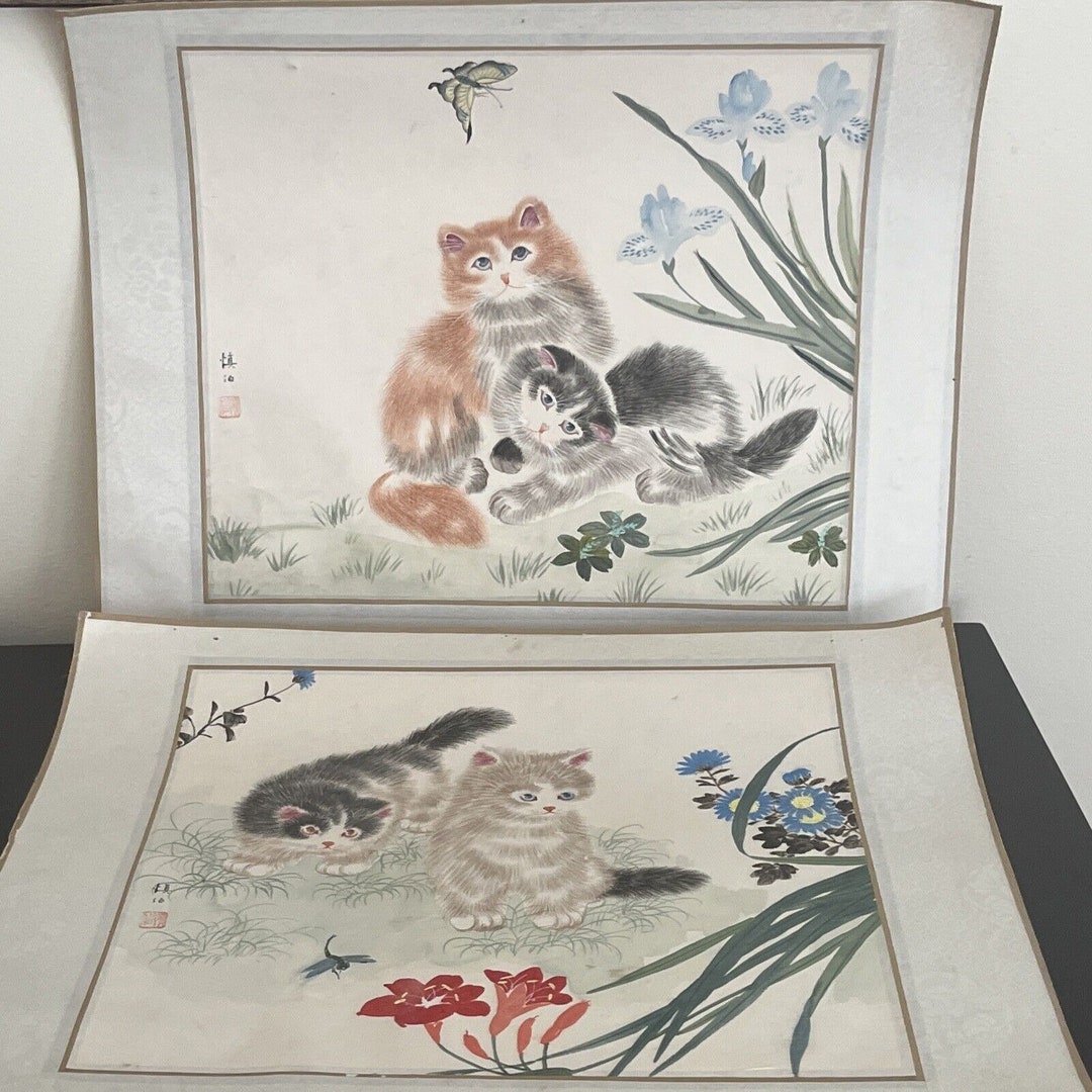 Vintage Original Asian Cats Painting Japanese Cat Pair 12 X 15.5 Signed ...