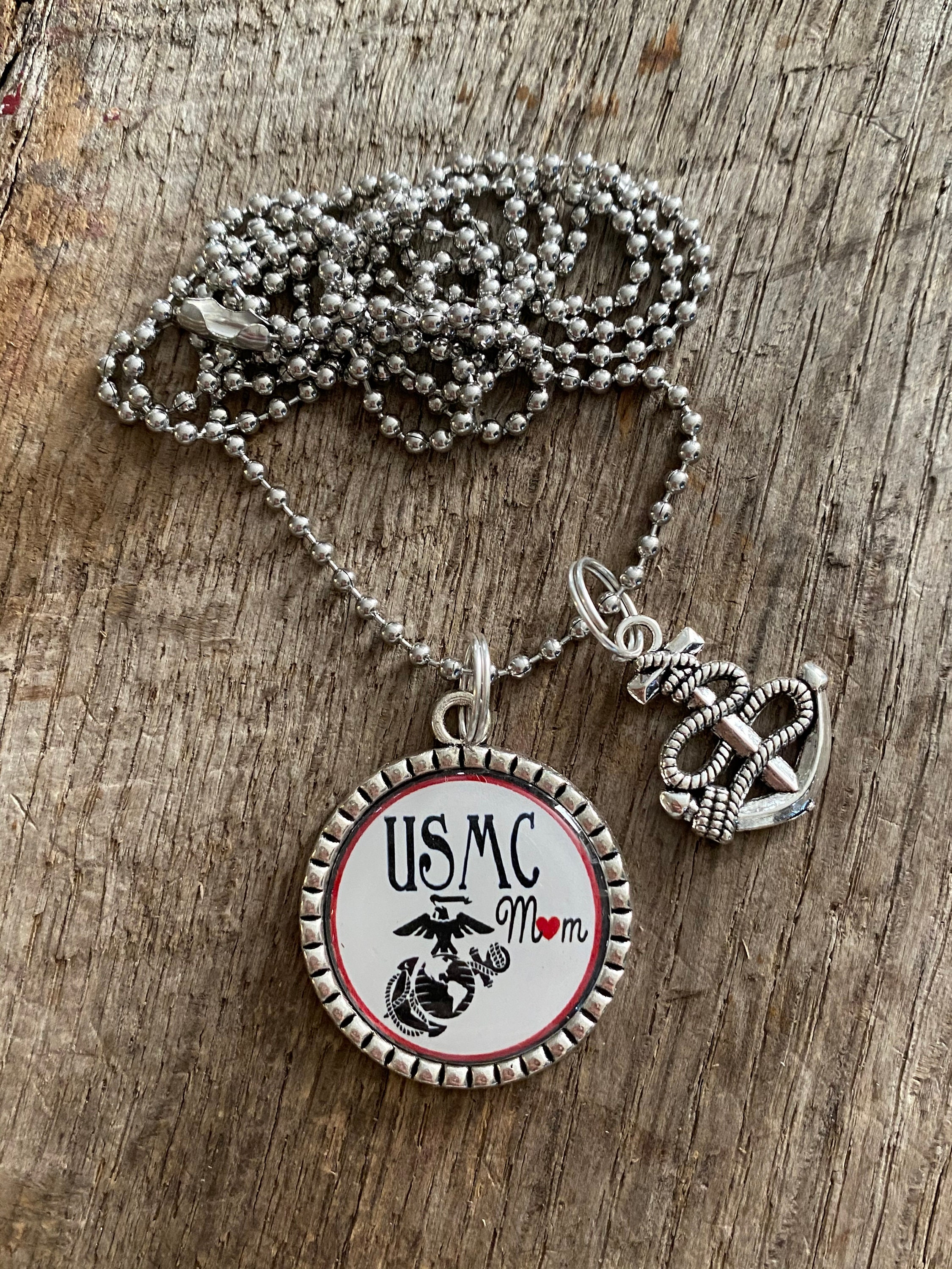 USMC Marine Corps MOM Military Anchor Charm Antique Silver Flat Bezel ...