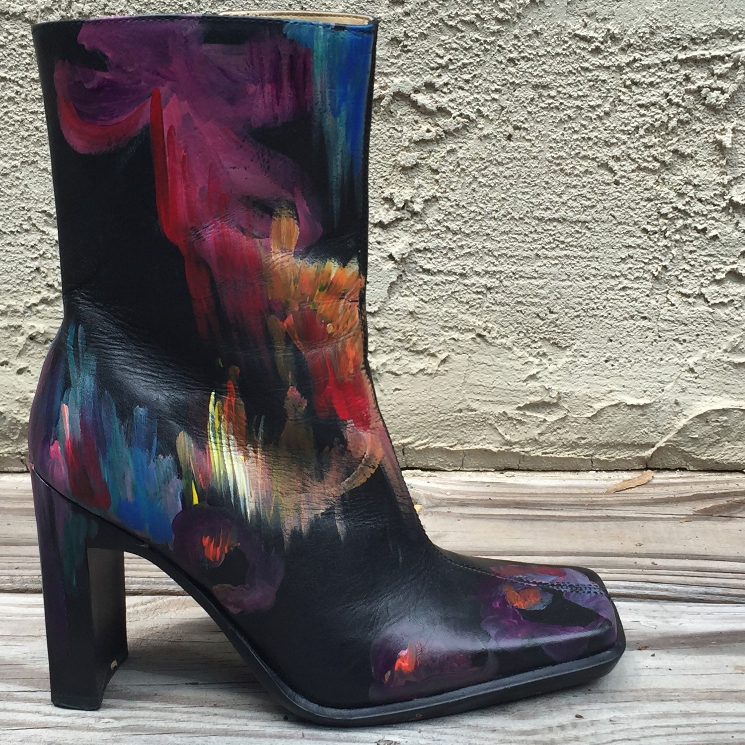 Hand Painted/fashion Boot/black Leather/ High Heeled/modern Design - Etsy