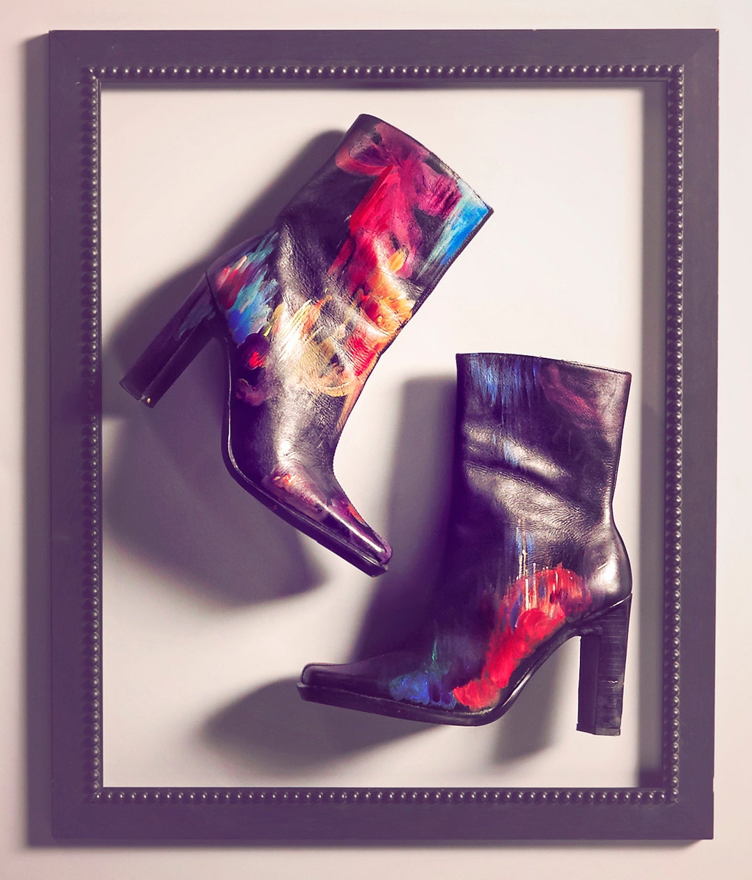 Hand Painted/fashion Boot/black Leather/ High Heeled/modern Design - Etsy